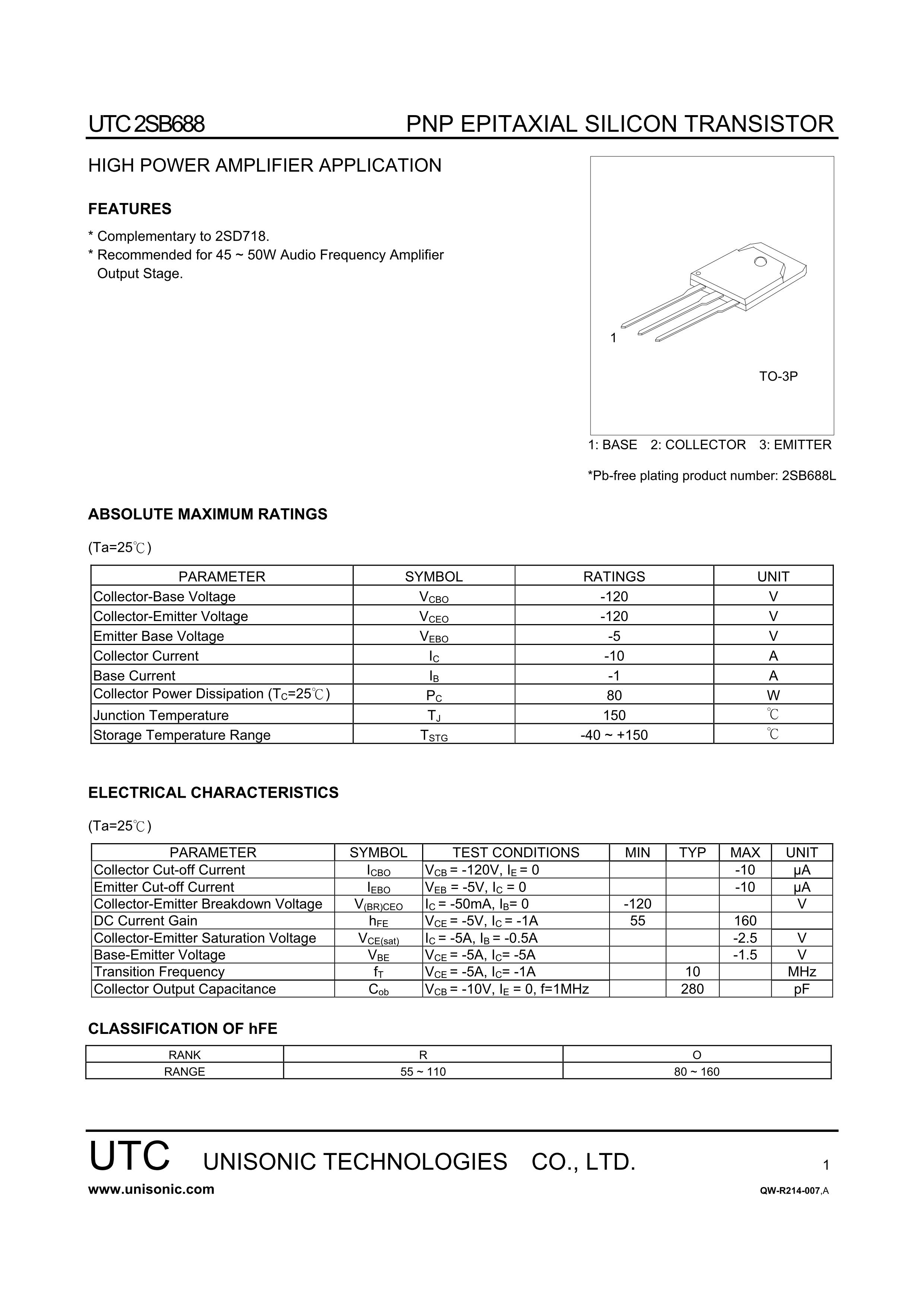 TRANSISTOR 2SB 688 - Beta Componentes Eletrônicos