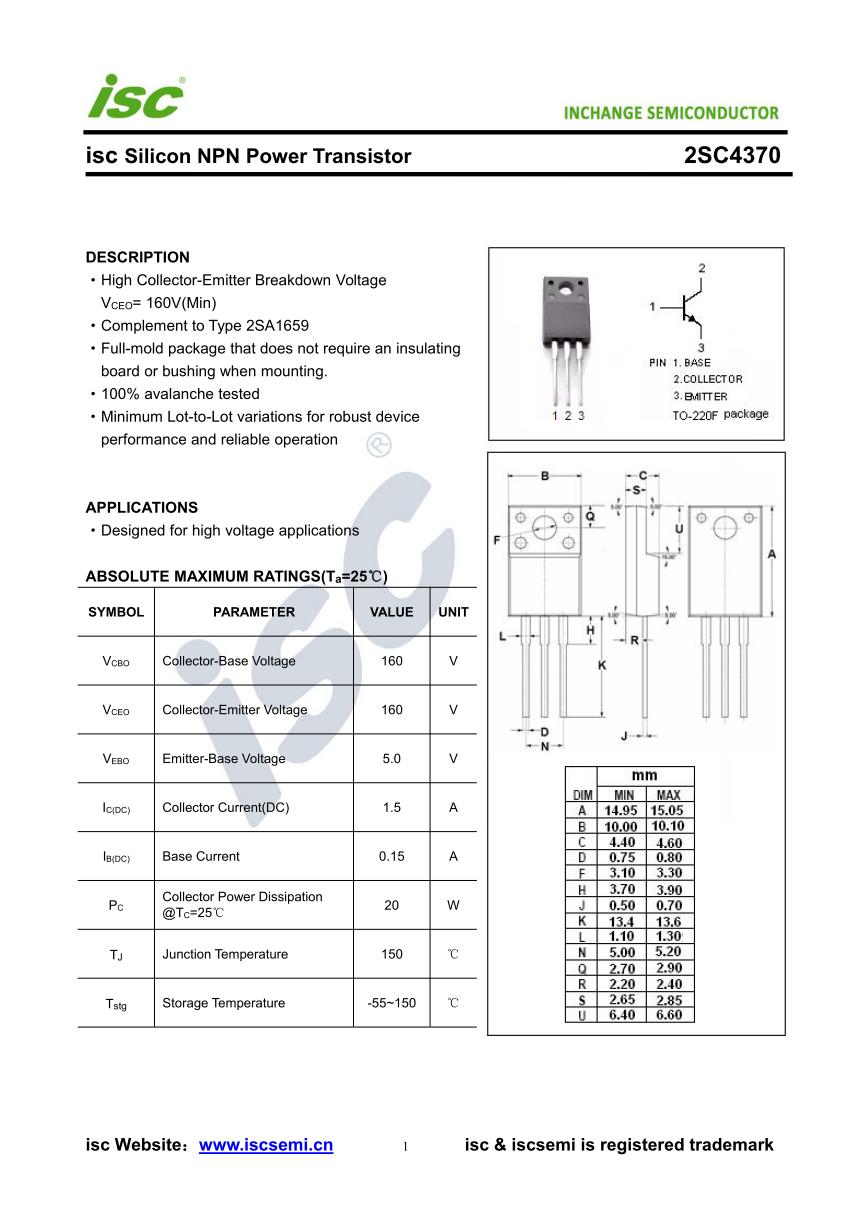 TRANSISTOR 2SC 4370 - ISOLADO - Beta Componentes Eletrônicos