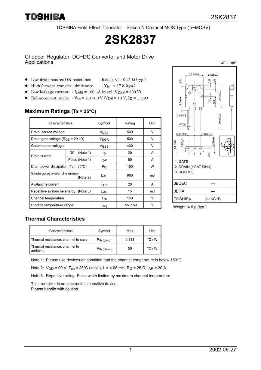 TRANSISTOR 2SK 2837 - TO 247 - Beta Componentes Eletrônicos