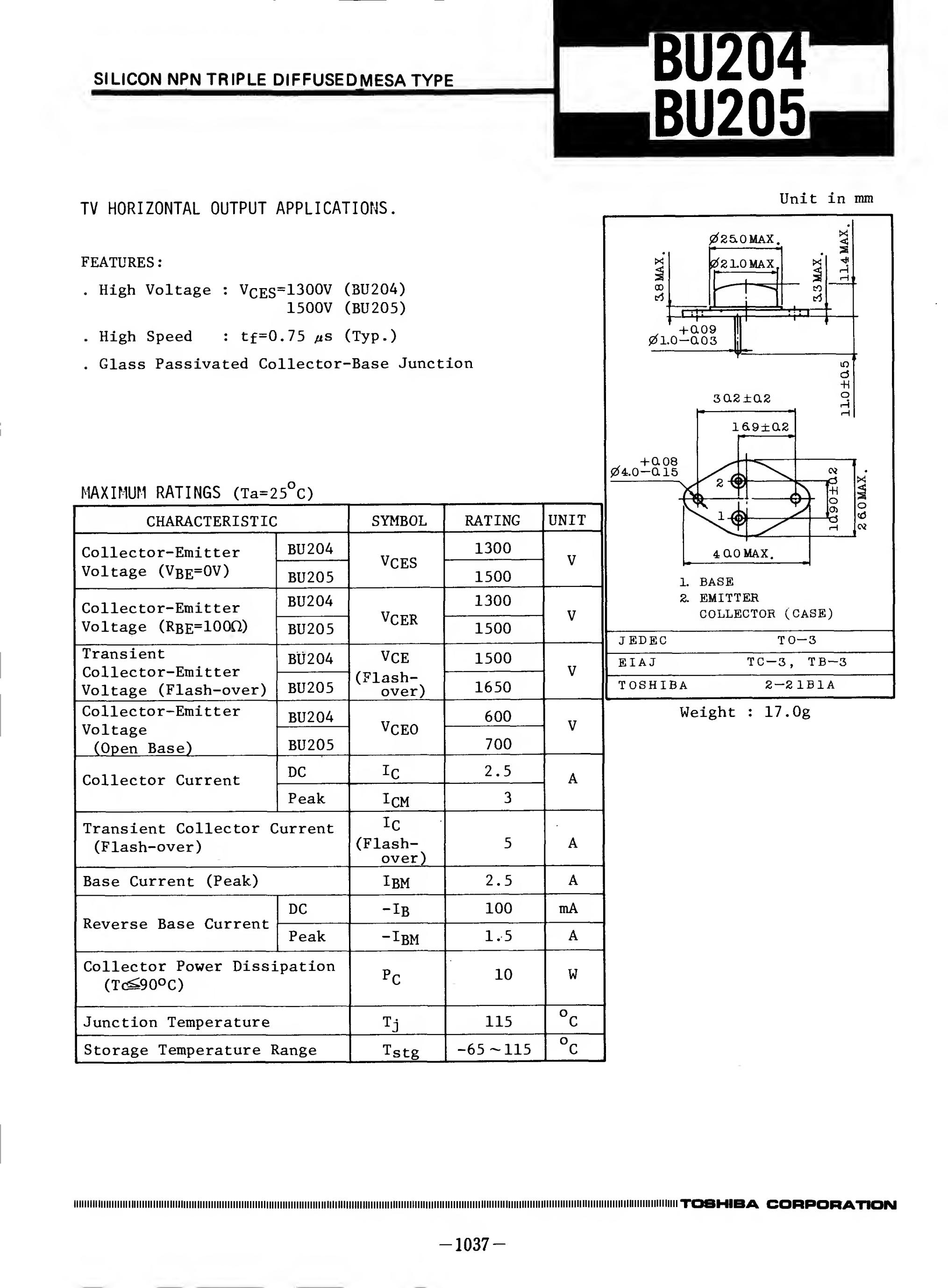 TRANSISTOR BU 205 - Beta Componentes Eletrônicos