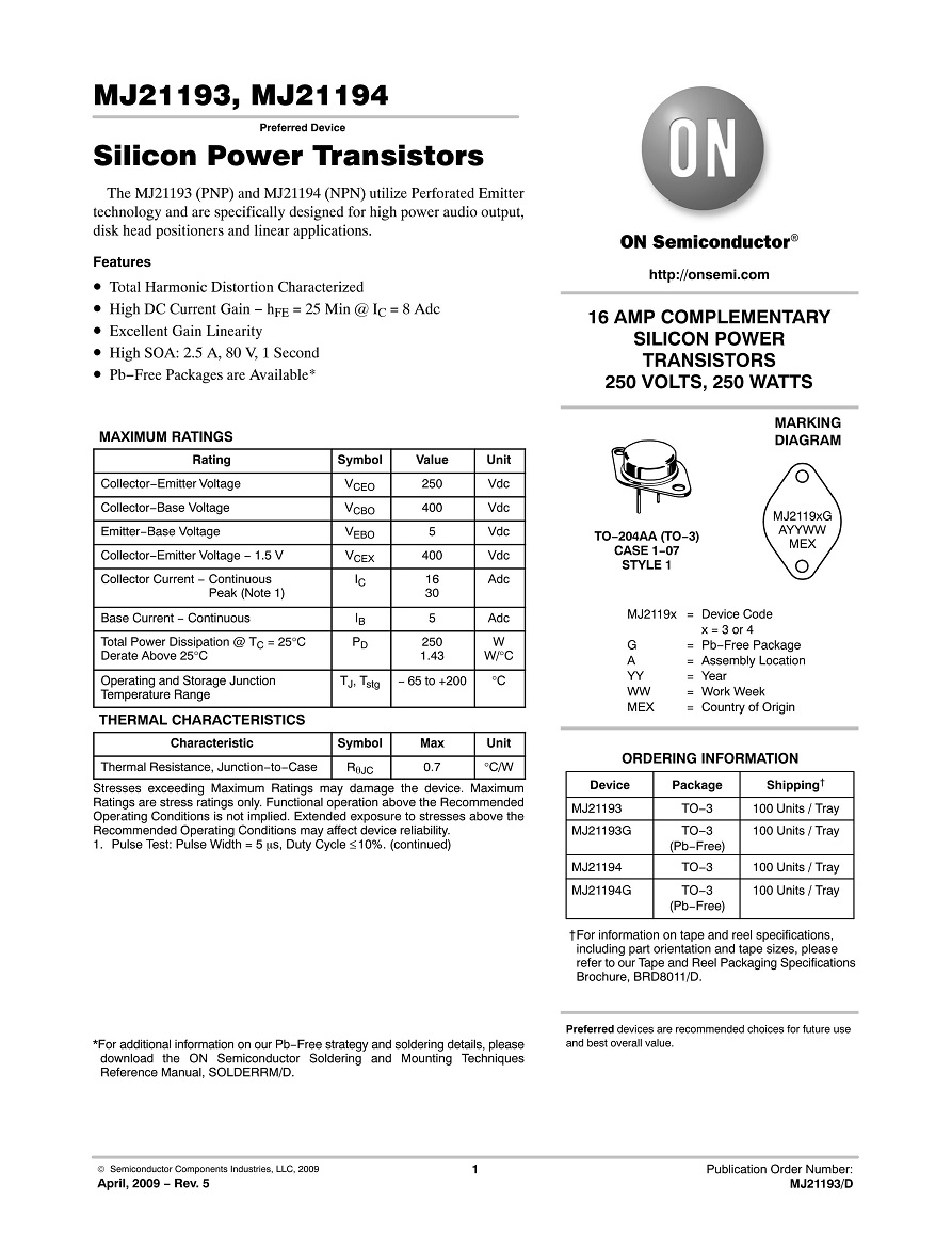 TRANSISTOR MJ 21194 - TO3 (TO204AA) - Beta Componentes Eletrônicos