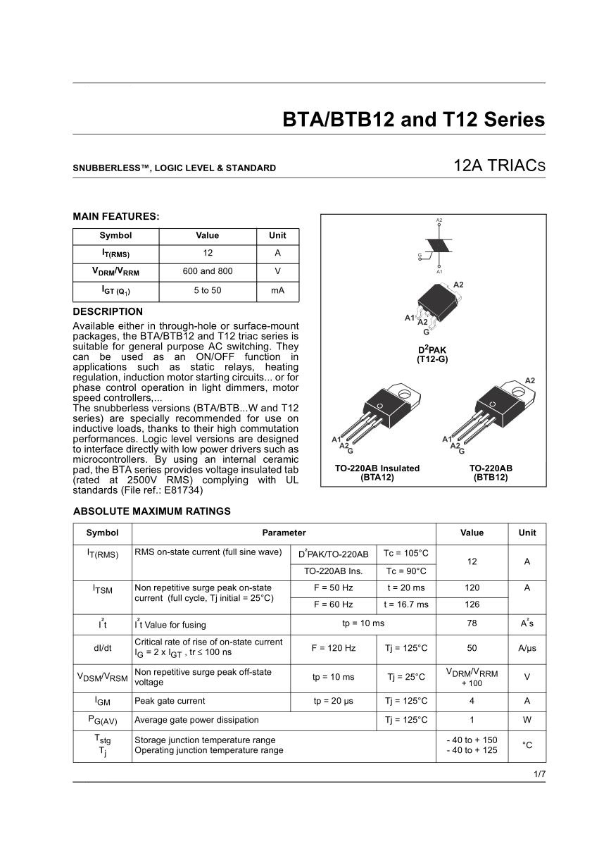 TRANSISTOR TRIAC BTA 312-800 - Beta Componentes Eletrônicos
