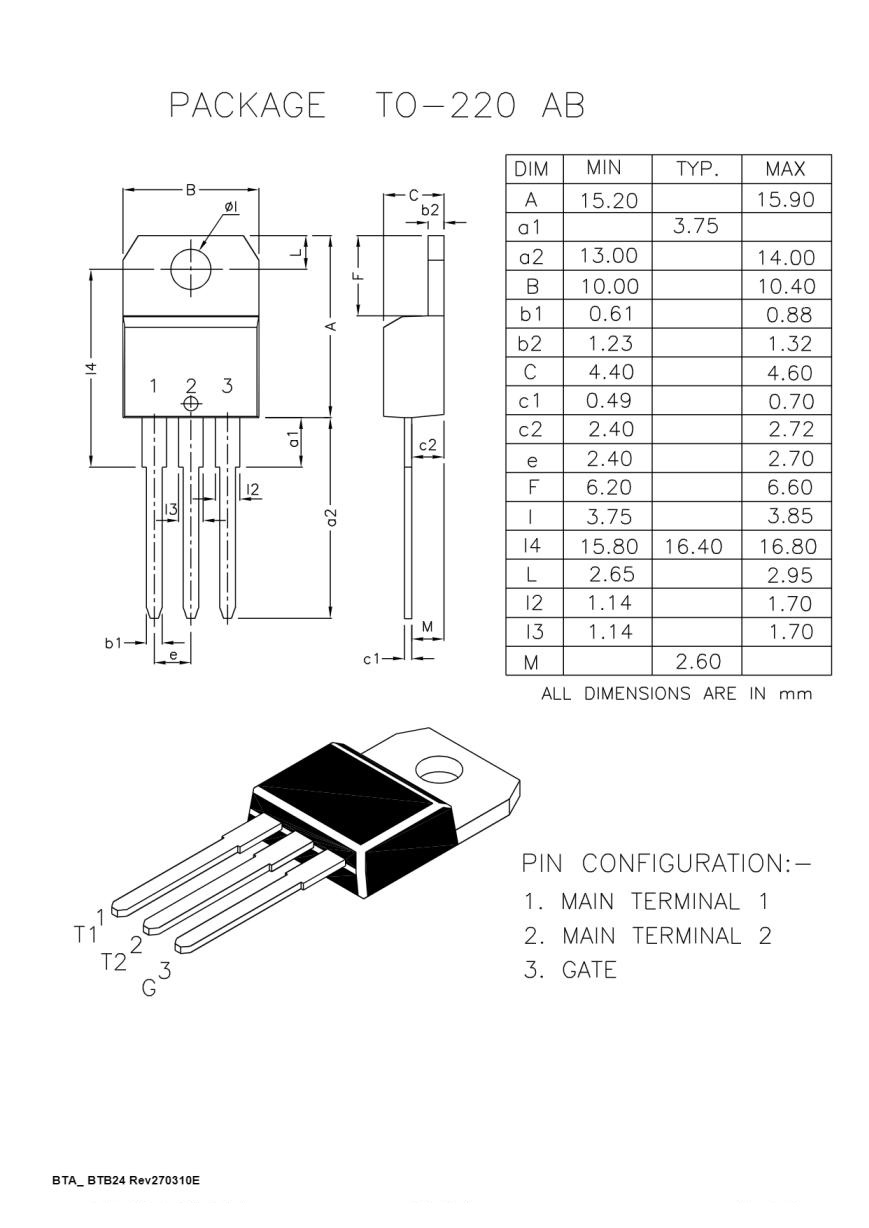 TRANSISTOR TRIAC BTA24-800 - Beta Componentes Eletrônicos